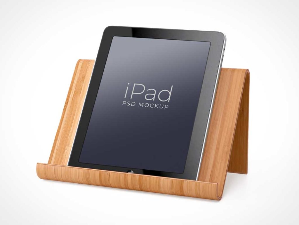 Free iPad Plus Wooden Stand Mockup - DesignHooks