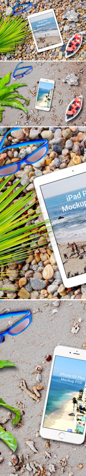 Free Apple Devices Plus Beach Scene Mockup in PSD - DesignHooks